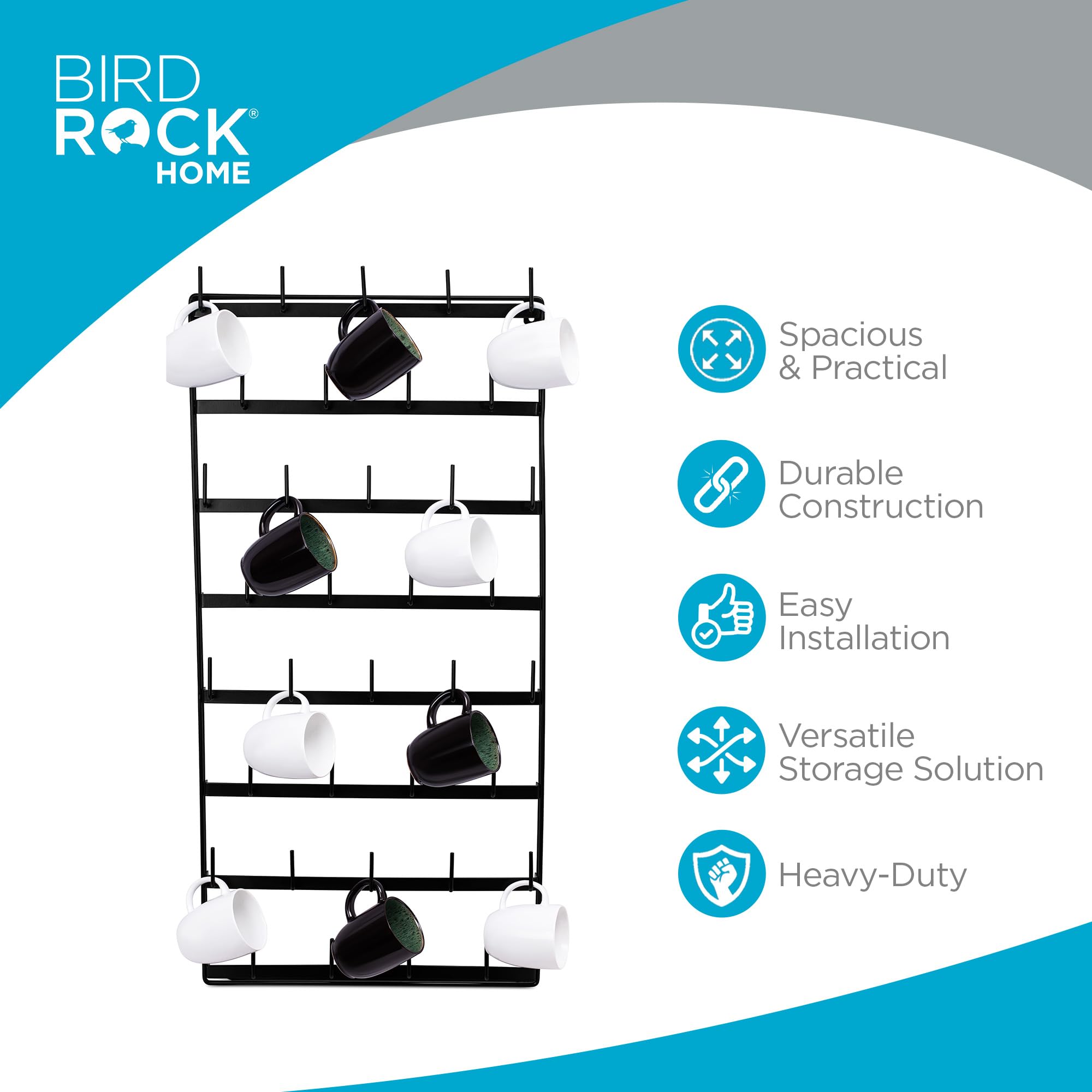 BirdRock Home 36 Peg Mug Rack for Wall - Coffee Tea Cup Glass Storage Holder - Coffee Bar Display Décor - Decorative Kitchen Organizer - Heavy Duty Rack - Flat Black Metal Steel