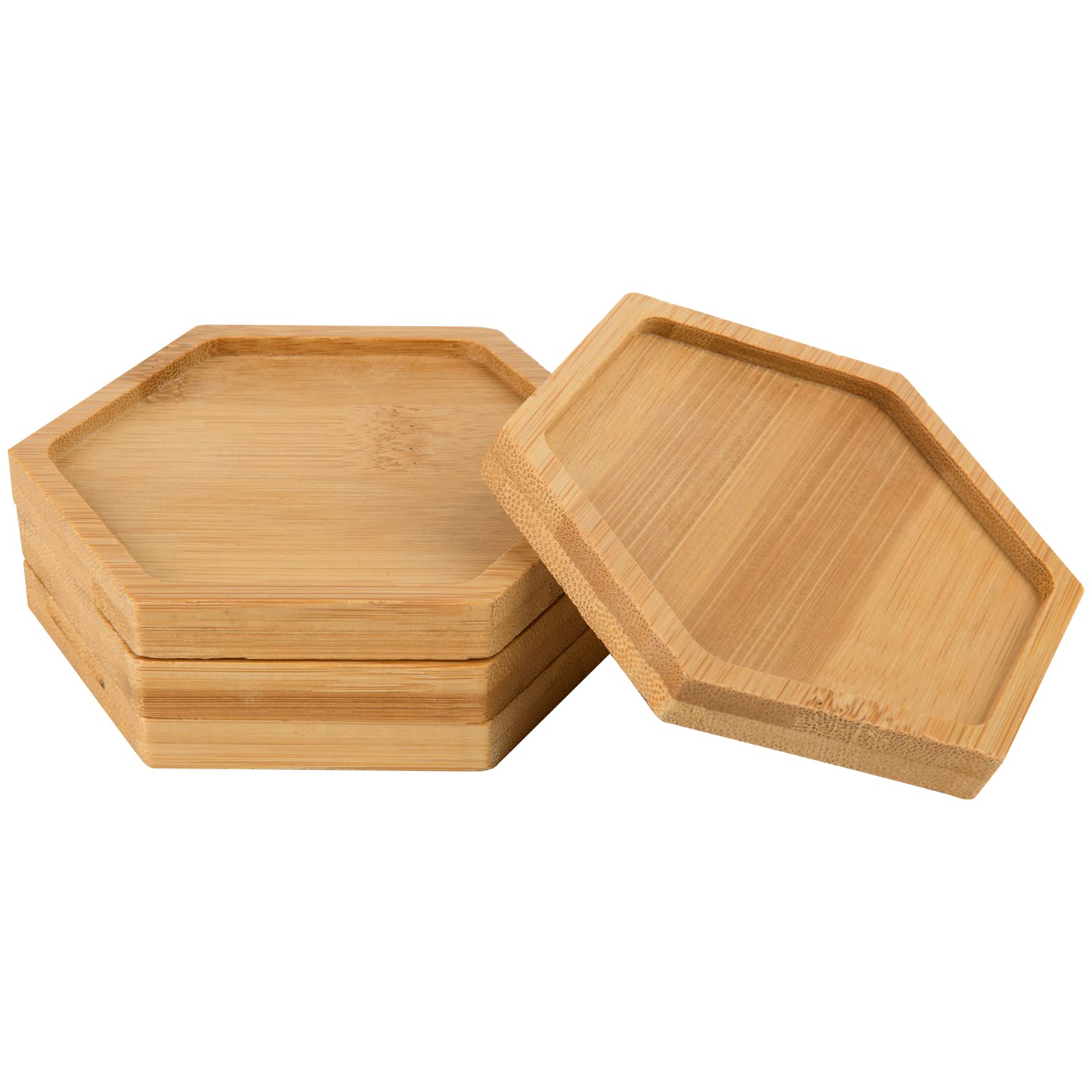 Cosmos 4 Pcs Bamboo Plant Saucer Succulent Pot Holder Drainage Tray with Raised Edge for 3.5 Inch Small Plant Flower Pots (Hexagon Shape)