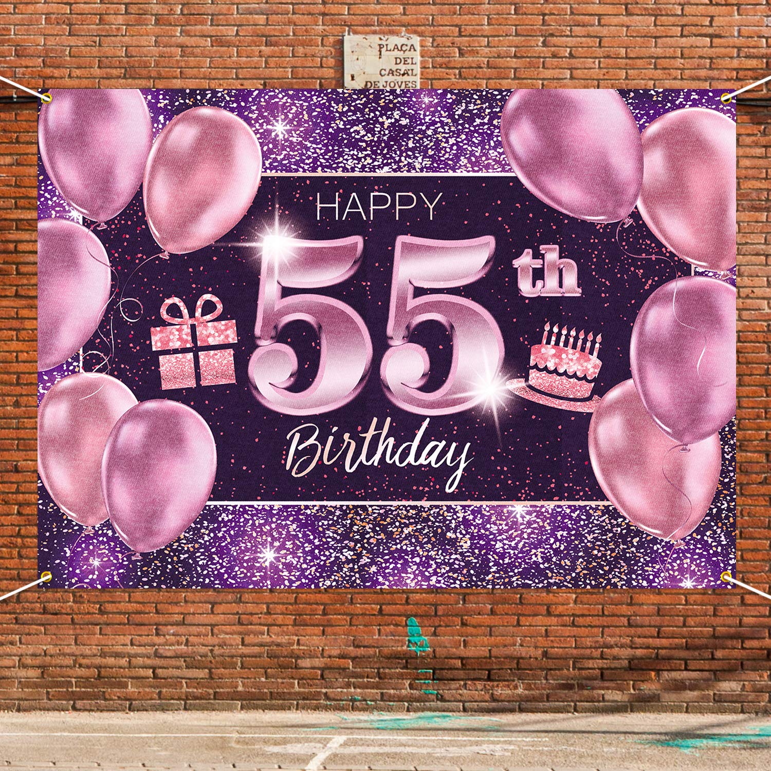 PAKBOOM Happy 55th Birthday Banner Backdrop - 55 Birthday Party Decorations Supplies for Women - Pink Purple Gold 4 x 6ft