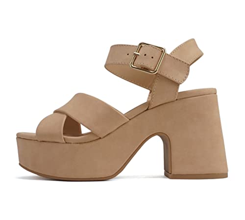 Soda “SYREN” ~ Women Open Round Toe Crisscross Band Ankle Strap Buckle High Heel Notch Wedge Sandal (Dark Nude Nubuck, us_footwear_size_system, adult, women, numeric, medium, numeric_7_point_5)
