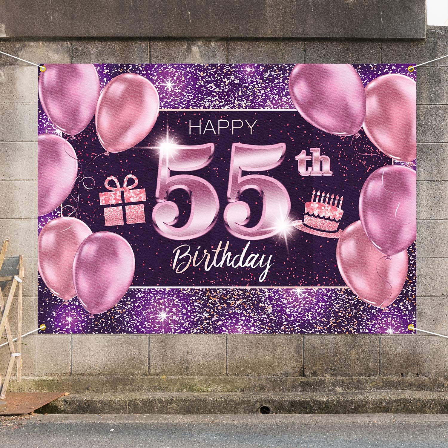 PAKBOOM Happy 55th Birthday Banner Backdrop - 55 Birthday Party Decorations Supplies for Women - Pink Purple Gold 4 x 6ft