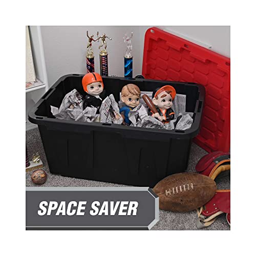 4 Pack 27 Gallon Plastic Storage Bin Tote Organizing Container With Durable Lid and Secure Latching Buckles , Stackable and Nestable Snap Lid Plastic Storage Bin, Black Base/Red Lid