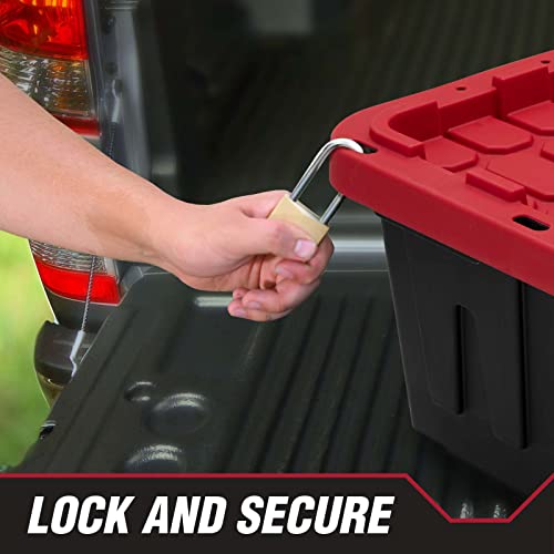 4 Pack 27 Gallon Plastic Storage Bin Tote Organizing Container With Durable Lid and Secure Latching Buckles , Stackable and Nestable Snap Lid Plastic Storage Bin, Black Base/Red Lid