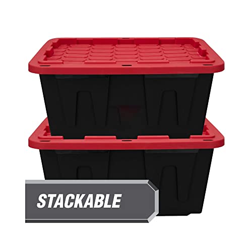 4 Pack 27 Gallon Plastic Storage Bin Tote Organizing Container With Durable Lid and Secure Latching Buckles , Stackable and Nestable Snap Lid Plastic Storage Bin, Black Base/Red Lid
