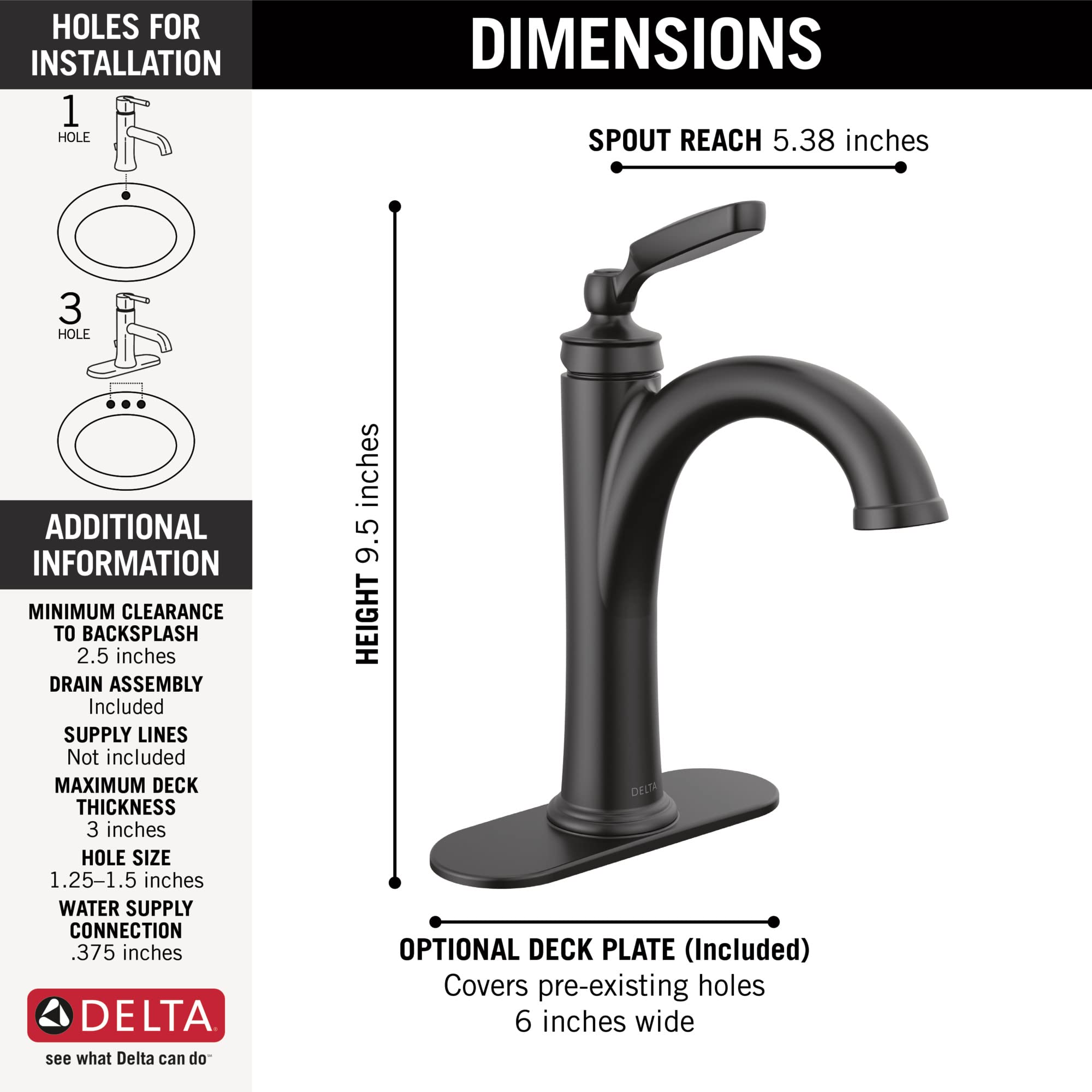 Delta Faucet Woodhurst Single Hole Bathroom Faucet, Single Handle Bathroom Sink Faucet Black, Diamond Seal Technology, Drain Assembly, Matte Black 532-BLMPU-DST