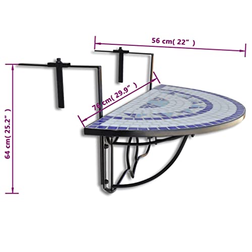 ZQQLVOO Hanging Balcony Table,Patio Table Decoration,Mosaic Table Outdoor,Mosaic Plant Stand,Garden Table,Tea Table,for Gardens,Decks,Porches and Backyards,Blue and White Mosaic