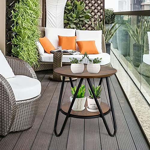 ECOMEX Outdoor Side Tables for Patio, 2 Tier Round Metal Patio Side Table Small Outdoor Side Table with Metal Frame, Industrial Outdoor Table for Bedroom Balcony Patio,Rustic Brown 1PC