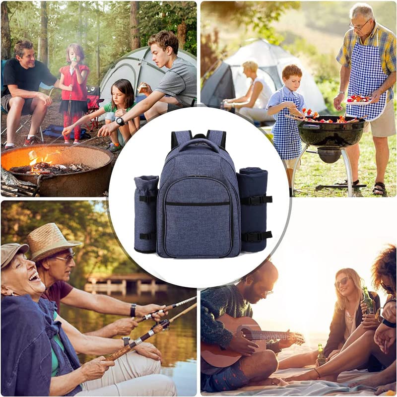 4-Person Picnic Backpack Bag with Cooler, Removable Water Bottle/Wine Rack, Outdoor Fleece Blanket, Plate and Cutlery Picnic Set (4-Person, Gray)