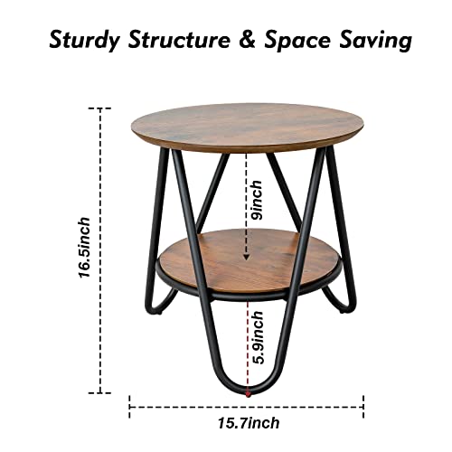 ECOMEX Outdoor Side Tables for Patio, 2 Tier Round Metal Patio Side Table Small Outdoor Side Table with Metal Frame, Industrial Outdoor Table for Bedroom Balcony Patio,Rustic Brown 1PC