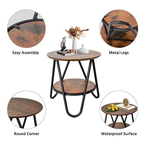 ECOMEX Outdoor Side Tables for Patio, 2 Tier Round Metal Patio Side Table Small Outdoor Side Table with Metal Frame, Industrial Outdoor Table for Bedroom Balcony Patio,Rustic Brown 1PC