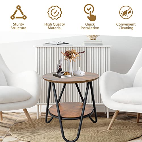 ECOMEX Outdoor Side Tables for Patio, 2 Tier Round Metal Patio Side Table Small Outdoor Side Table with Metal Frame, Industrial Outdoor Table for Bedroom Balcony Patio,Rustic Brown 1PC