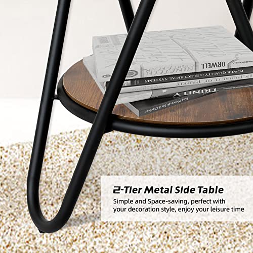 ECOMEX Outdoor Side Tables for Patio, 2 Tier Round Metal Patio Side Table Small Outdoor Side Table with Metal Frame, Industrial Outdoor Table for Bedroom Balcony Patio,Rustic Brown 1PC