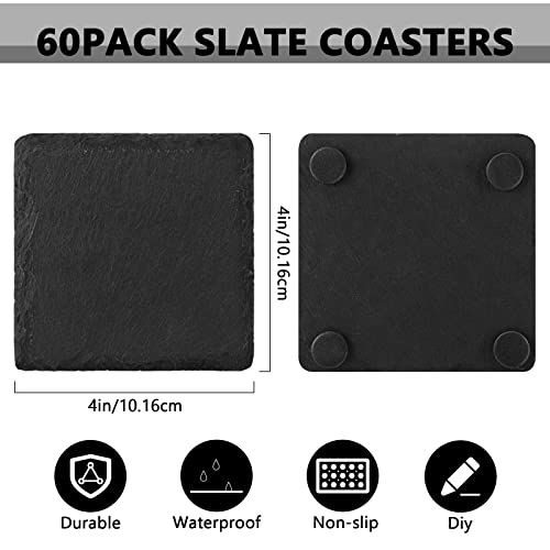 60PCS Black Slate Coasters Bulk 4 x 4 Inch Square Slate Drink Coasters Coffe Bar Coasters Rustic Handmade Cup Coasters with Anti-Scratch Bottom for Coffee Home Table Kitchen