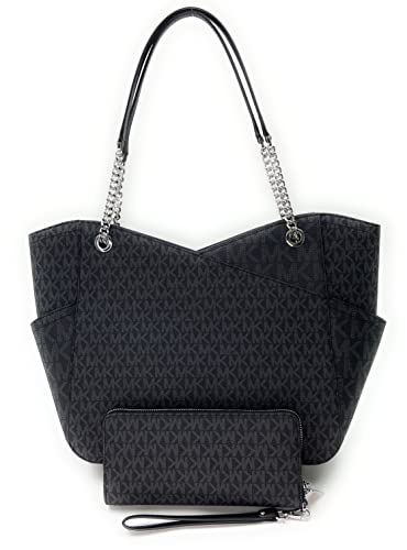 Michael Kors JST Large Chain Shoulder Tote JST Continental Wristlet (Black Signature)