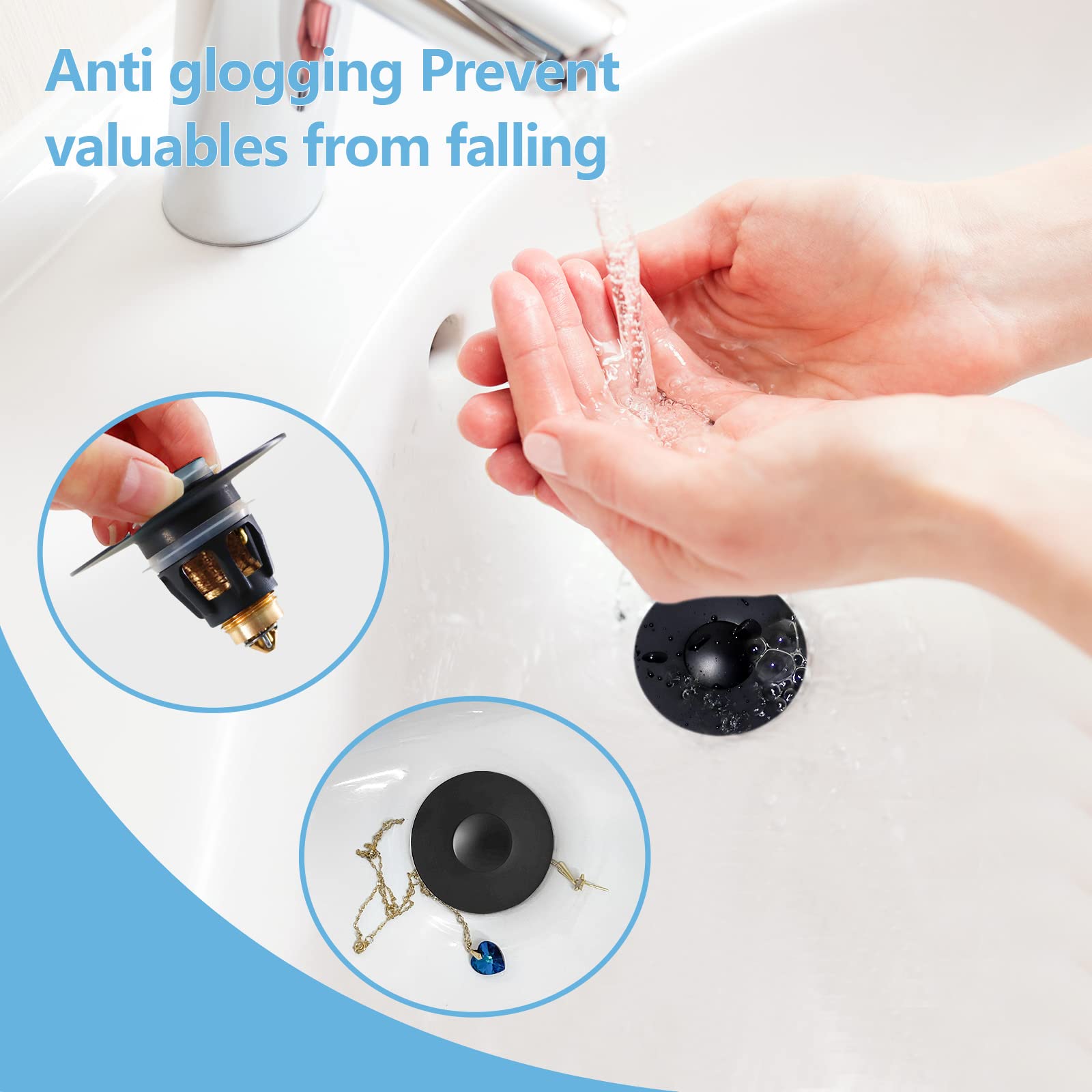 Black Bathroom Sink Stopper,Pop Up Drain Stopper for Bathroom Sink,Bathroom Sink Strainer ,Sink Plug,Universal Wash Basin Sink Stopper,Suitable for 1.1~1.5 Inch Bathroom Sink Drain Pipe (Matte Black)