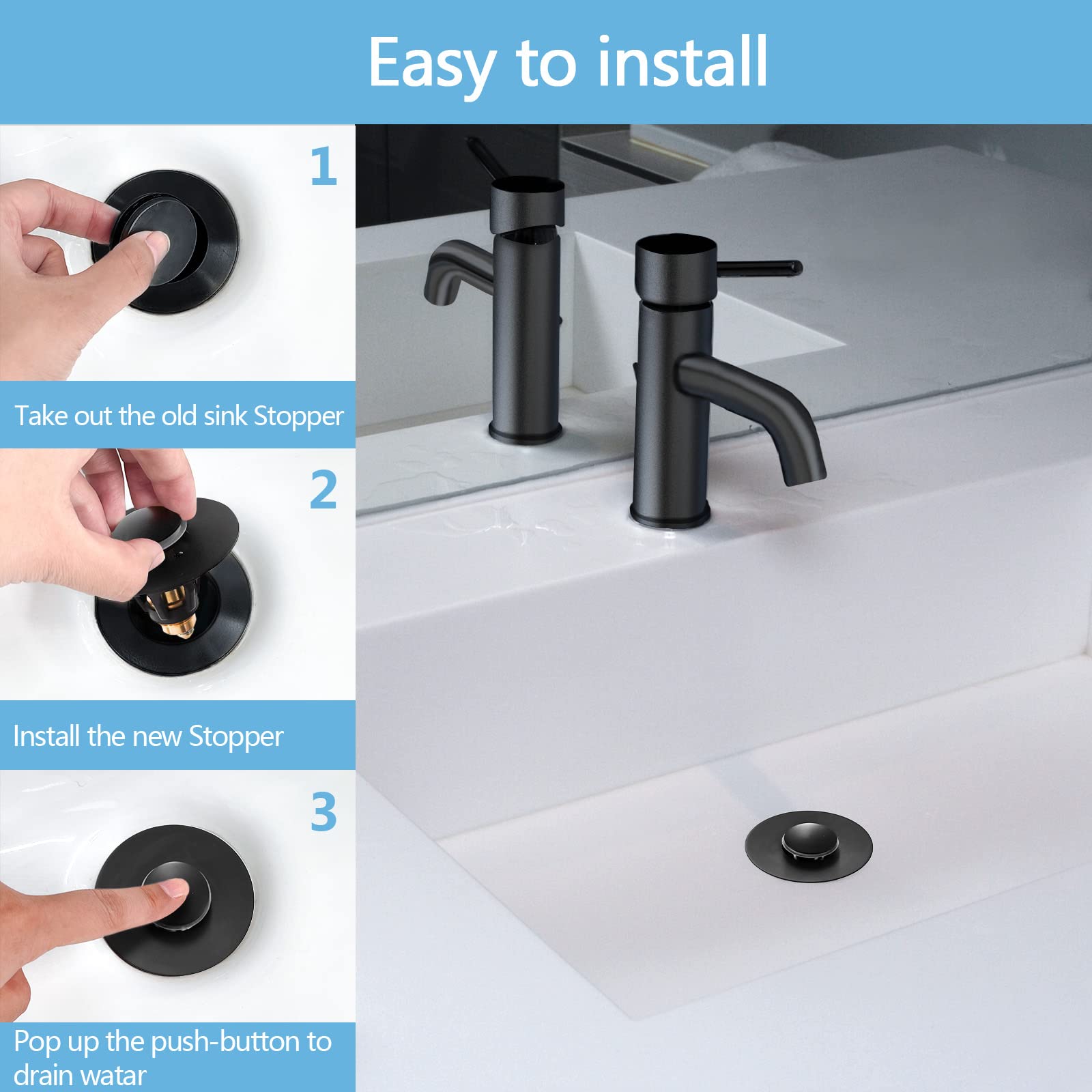 Black Bathroom Sink Stopper,Pop Up Drain Stopper for Bathroom Sink,Bathroom Sink Strainer ,Sink Plug,Universal Wash Basin Sink Stopper,Suitable for 1.1~1.5 Inch Bathroom Sink Drain Pipe (Matte Black)