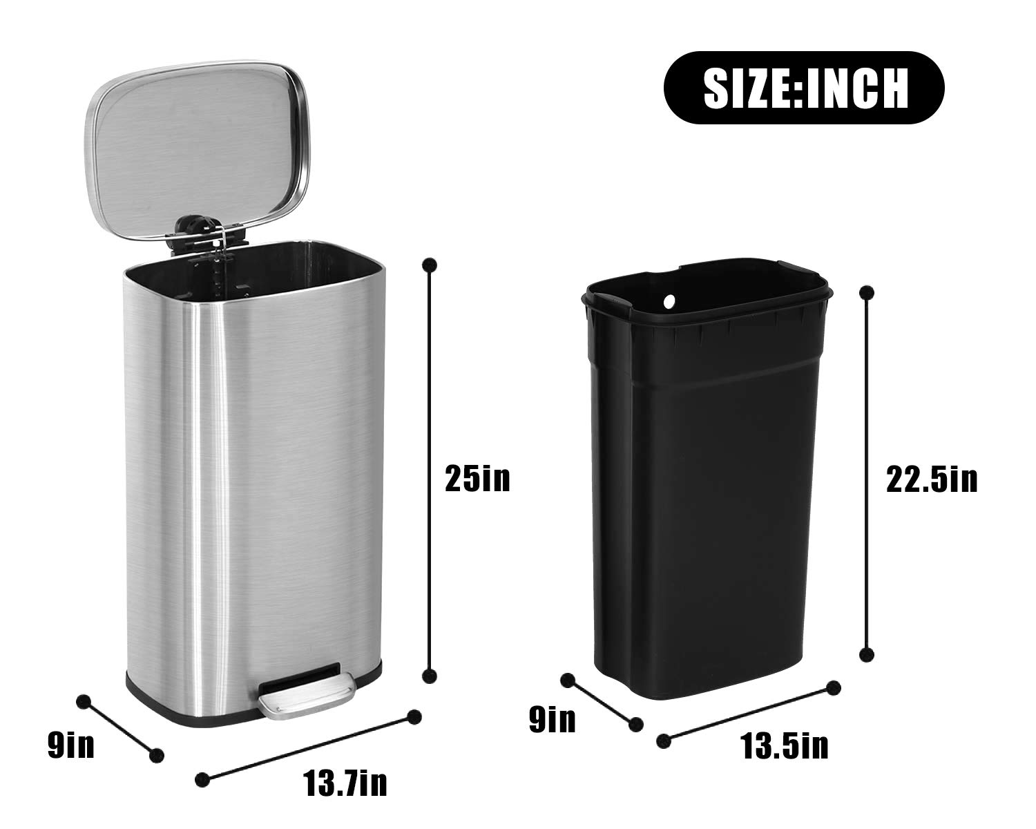 Kitchen Trash Can Brushed Stainless Steel 8 Gallon/30L Step Garbage Can Small & Tall Waste Basket with Lid & Plastic Inner Bucket Metal Pedal Recycle Rubbish Bin for Kitchen, Bathroom, Bedroom, Office