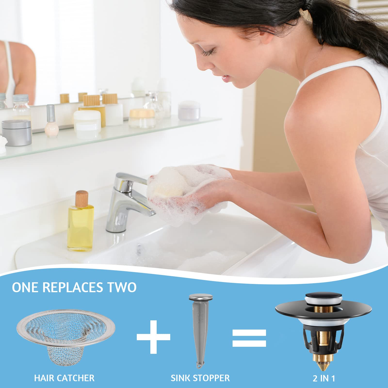 Black Bathroom Sink Stopper,Pop Up Drain Stopper for Bathroom Sink,Bathroom Sink Strainer ,Sink Plug,Universal Wash Basin Sink Stopper,Suitable for 1.1~1.5 Inch Bathroom Sink Drain Pipe (Matte Black)