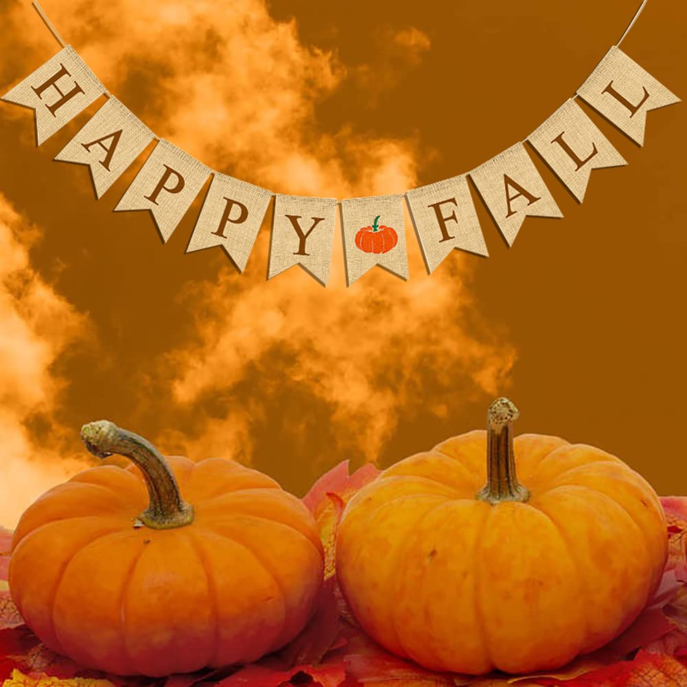 Happy Fall Burlap Banners Thanksgiving Pumpkin Burlap Banners Garlands for Fireplace Mantel Decoration Rustic Happy Fall Banner for Thanksgiving Party Supplies
