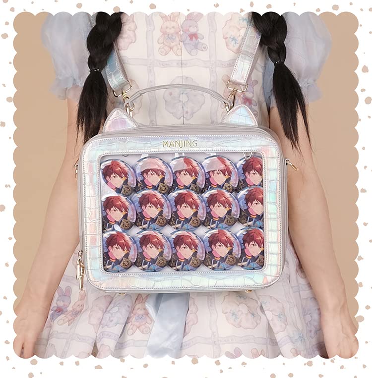 HOKMAH Cute Ita Backpack Bag for Girls Women, Kawaii Itabag Clear Window Lolita Purse Backpack, Aesthetic Glitter Pin Doll Display (Silver)