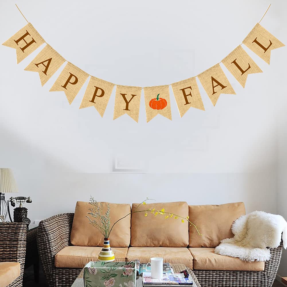 Happy Fall Burlap Banners Thanksgiving Pumpkin Burlap Banners Garlands for Fireplace Mantel Decoration Rustic Happy Fall Banner for Thanksgiving Party Supplies