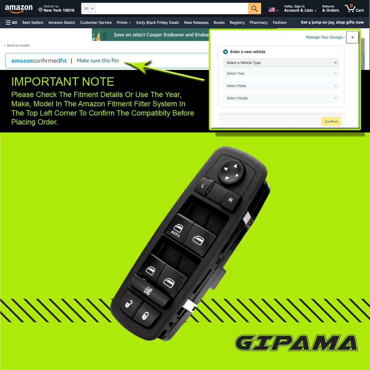 Gipama 901-486 Power Window Switch for 2011-2016 Dodge Journey, Replaces# 68084001AD, 68084001AC, 68084001AB,8+13 PINS(Driver Side