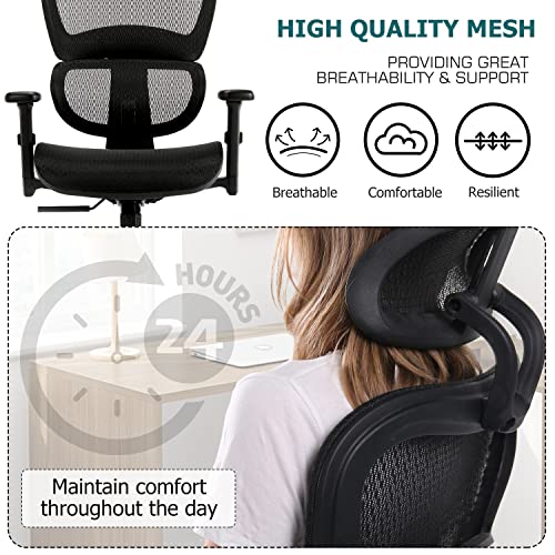 SMUG Ergonomic Office High Back Computer, Mesh Home Desk Lumbar Support, Tilt and Lock, Comfy Rolling Executive Swivel Task Chair with 3D Adjustable Headrest and Armrests, Black