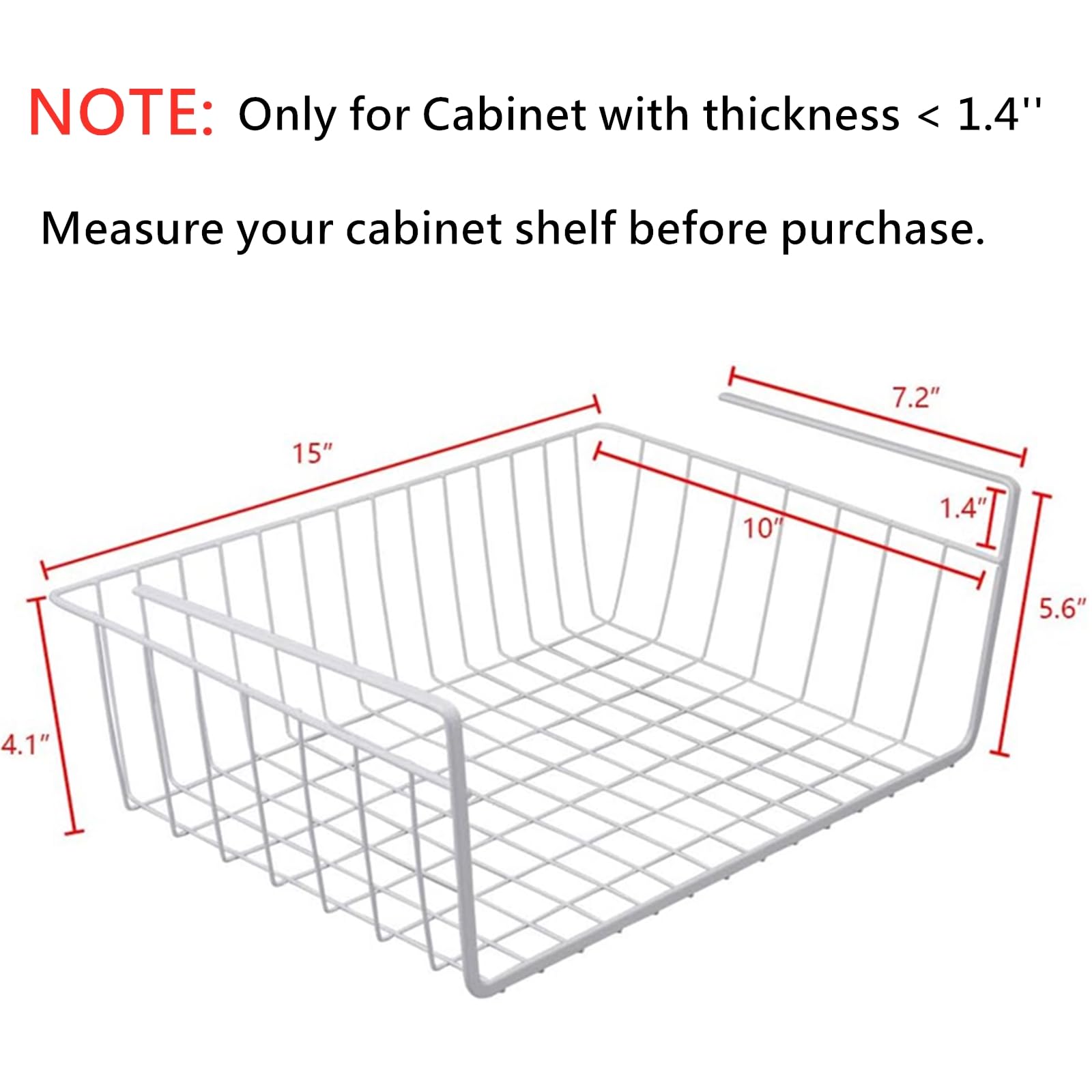 Tebery 2 Pack White Under Shelf Wire Basket Hanging Storage Baskets, Under Cabinet Add-on Storage Racks Slide-in Baskets Organizer for Kitchen Pantry Desk Bookshelf
