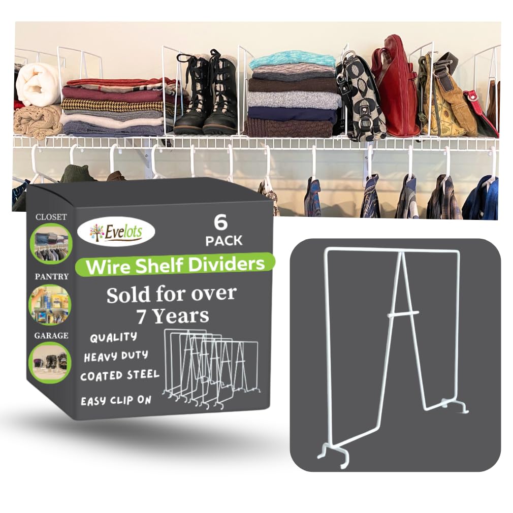 Evelots Wire Shelf Dividers -6 Pack- Closet Organization and Storage Optimization for Home/Office/Pantry/Garage - Tall Shelf Separator - Easy Clip-No Tool - Solid Coated Steel