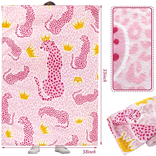 Pink Preppy Leopard Throw Blanket Cute Preppy Stuff Flannel Pink Print Soft Plush Leopard Crown Blanket Cozy Blanket Preppy Bedding Stuff Preppy Room Decor for Bed Dormitory Living Sofa, 55 x 38 in