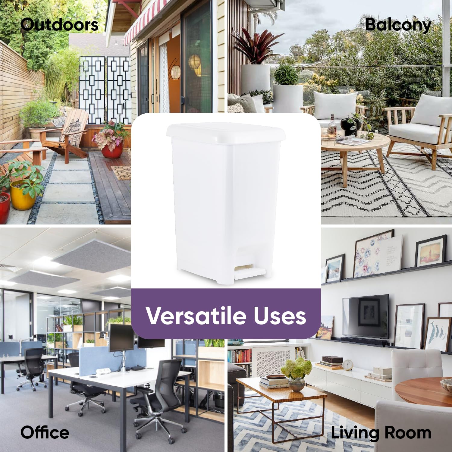 Superio 10.5 Gal Slim Step On Pedal Plastic Trash Can, Waste Bin for Under Desk, Office, Bedroom, Bathroom- 42 Qt White