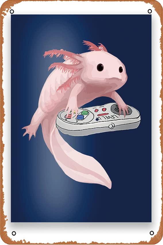 Decorative 8x12 inch vintage metal tin signage Axolotl Fish Playing Video Game Axolotl Lizard Gamers Poster Poster Creative Tin Sign Novelty Metal Retro Wall Decor For Home Gate Garden Bars Restaurants Cafes Office Store Pubs Club Gift 12 X 8 Inche Plaque