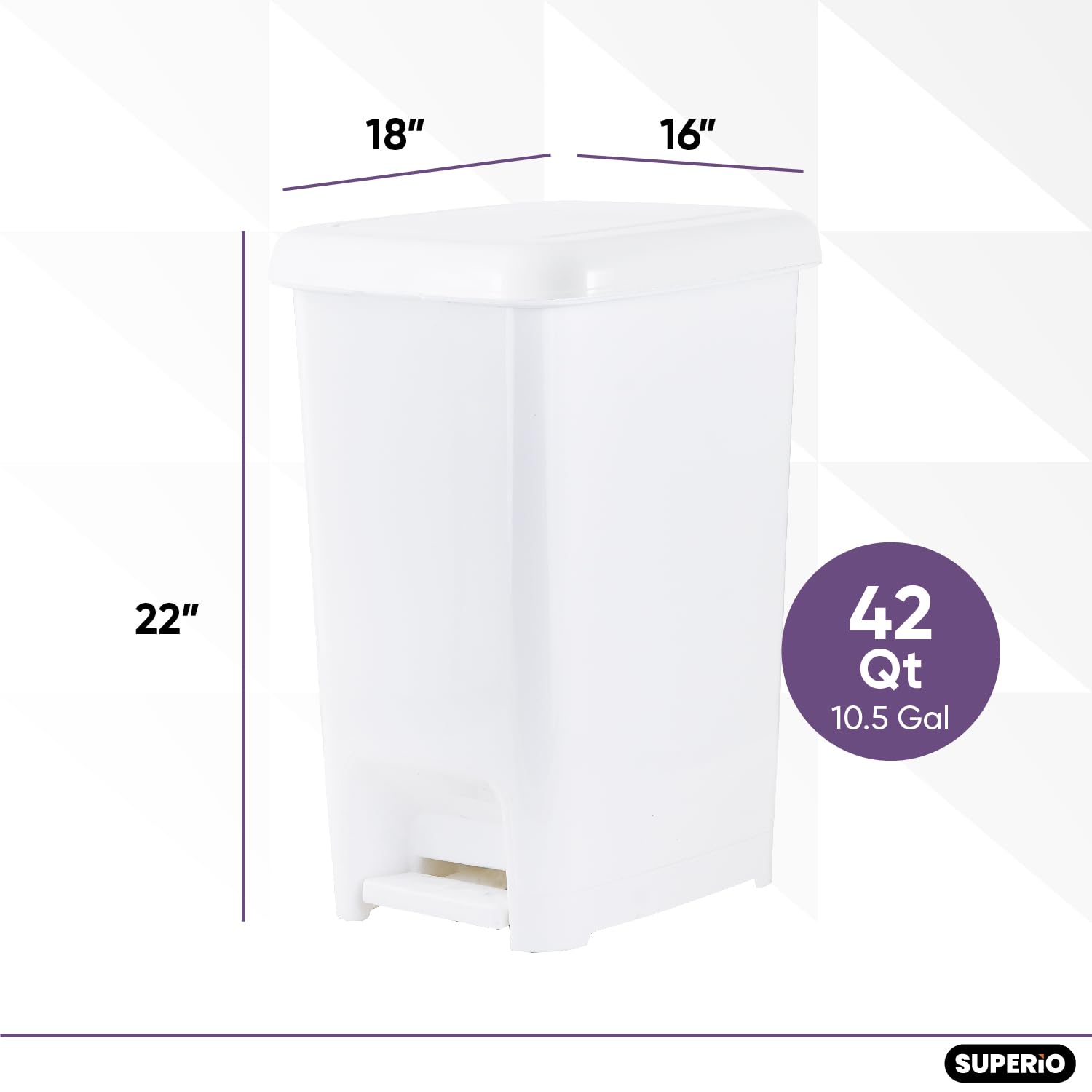 Superio 10.5 Gal Slim Step On Pedal Plastic Trash Can, Waste Bin for Under Desk, Office, Bedroom, Bathroom- 42 Qt White