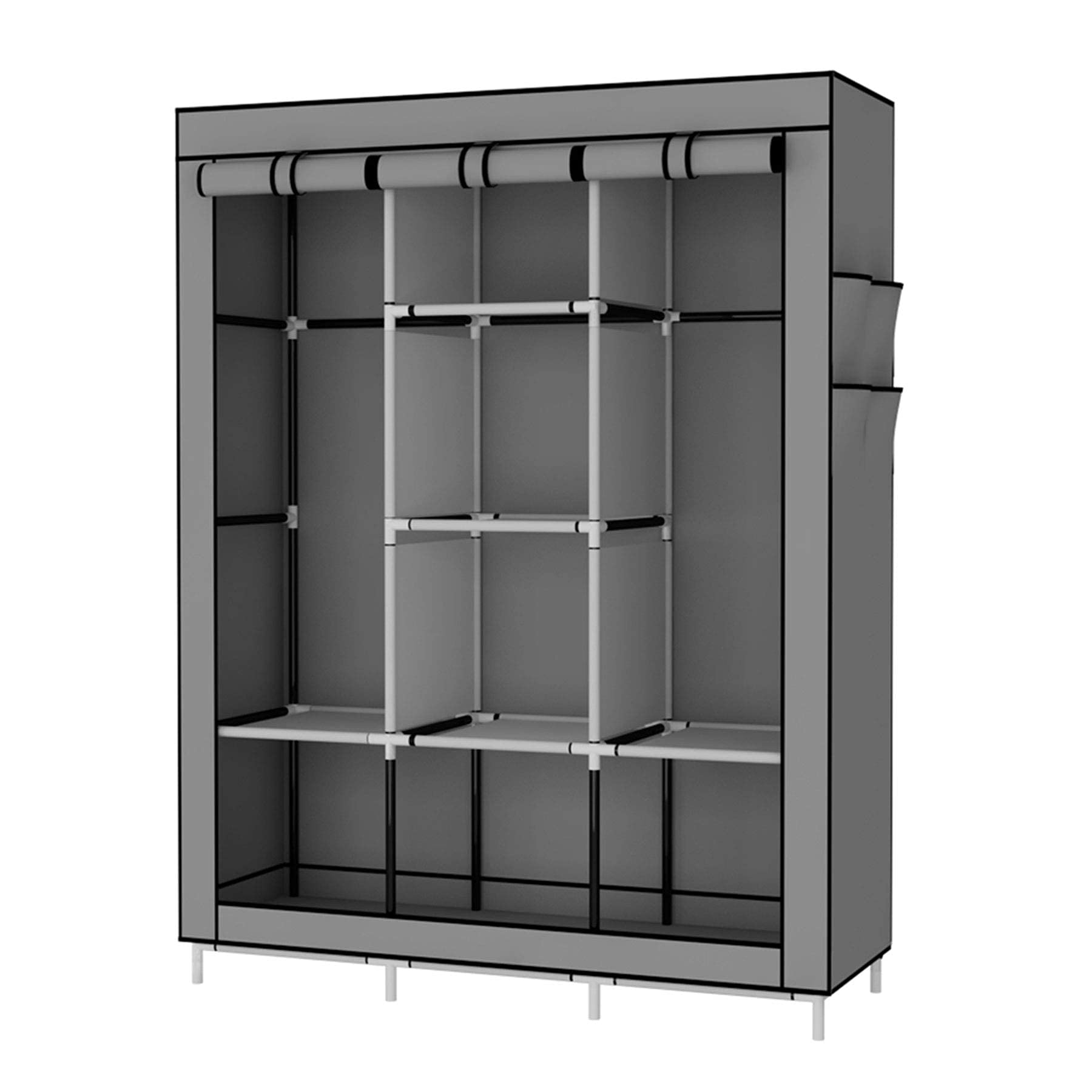 UDEAR Portable Wardrobe Closet Clothes Organizer No-Woven Fabric Cover with 6 Storage Shelves, 2 Hanging Sections and 4 Side Pockets,Grey