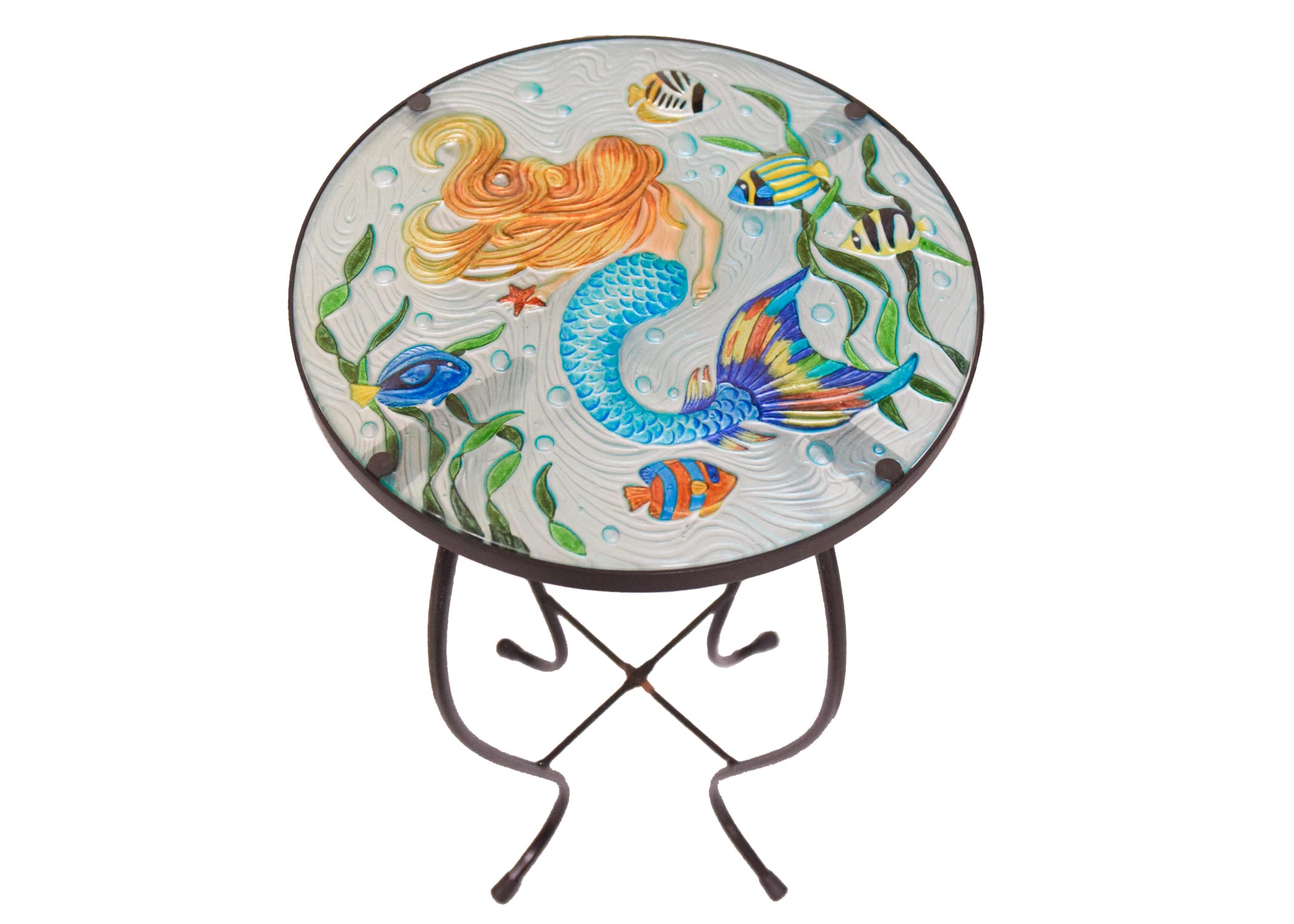 Glass Art Hand Painted Nautical Outdoor Accent Side Round Table (Mermaid Garden) 12inch diameter top. 24inch high