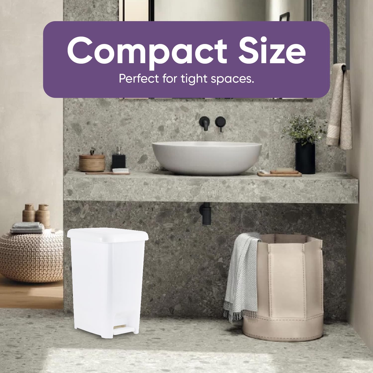 Superio 10.5 Gal Slim Step On Pedal Plastic Trash Can, Waste Bin for Under Desk, Office, Bedroom, Bathroom- 42 Qt White