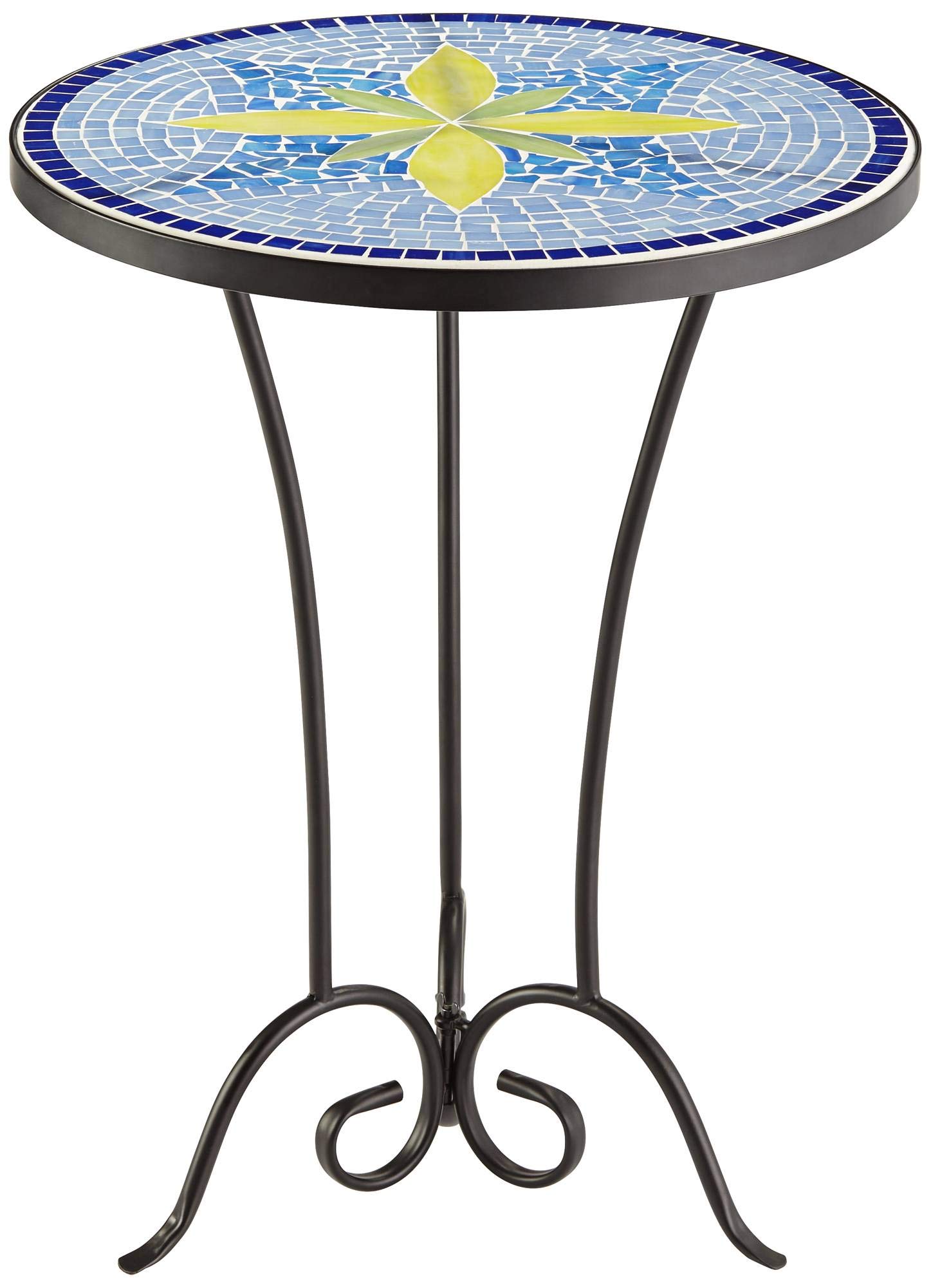 Teal Island Designs Flower Rustic Black Metal Round Outdoor Accent Side Table 17 1/2" Wide Blue Yellow Mosaic Tile Tabletop Gracefully Curved Legs for Spaces Porch Patio Home House Balcony Deck