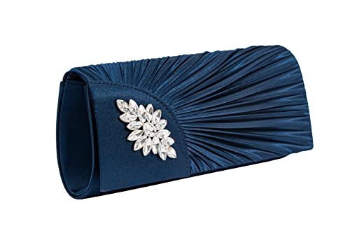 Mulian LilY Navy Blue Evening Bags For Women Pleated Satin Rhinestone Crystal Brooch Prom Clutch Purse With Detachable Chain Strap M272