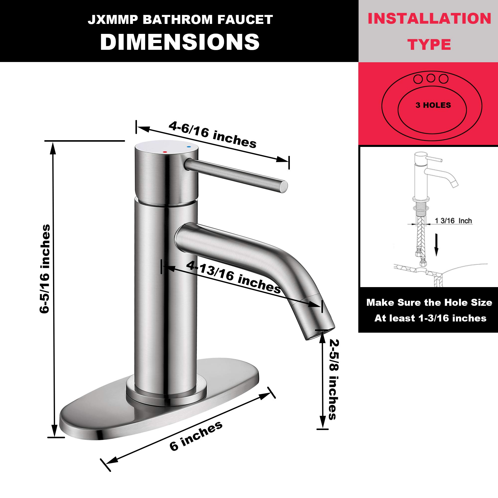 Brushed Nickel Single Hole Bathroom Faucets Single Handle, JXMMP Brushed Bathroom Vanity Sink Faucet with Pop Up Drain Assembly and 6 inch Deck Plate