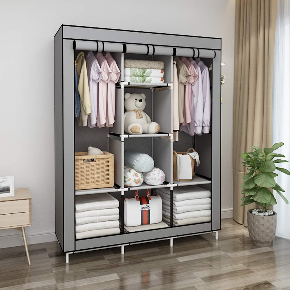 UDEAR Portable Wardrobe Closet Clothes Organizer No-Woven Fabric Cover with 6 Storage Shelves, 2 Hanging Sections and 4 Side Pockets,Grey