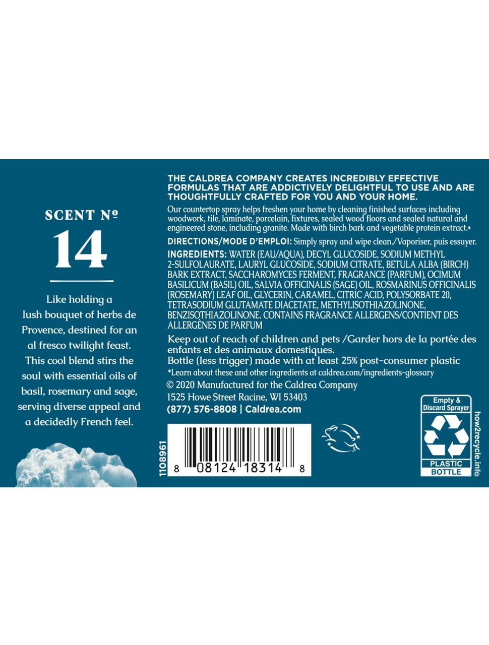 Caldrea Multi-surface CounterTop Spray Cleaner, Made With Vegetable Protein Extract, Basil Blue Sage, 16 Fl Oz