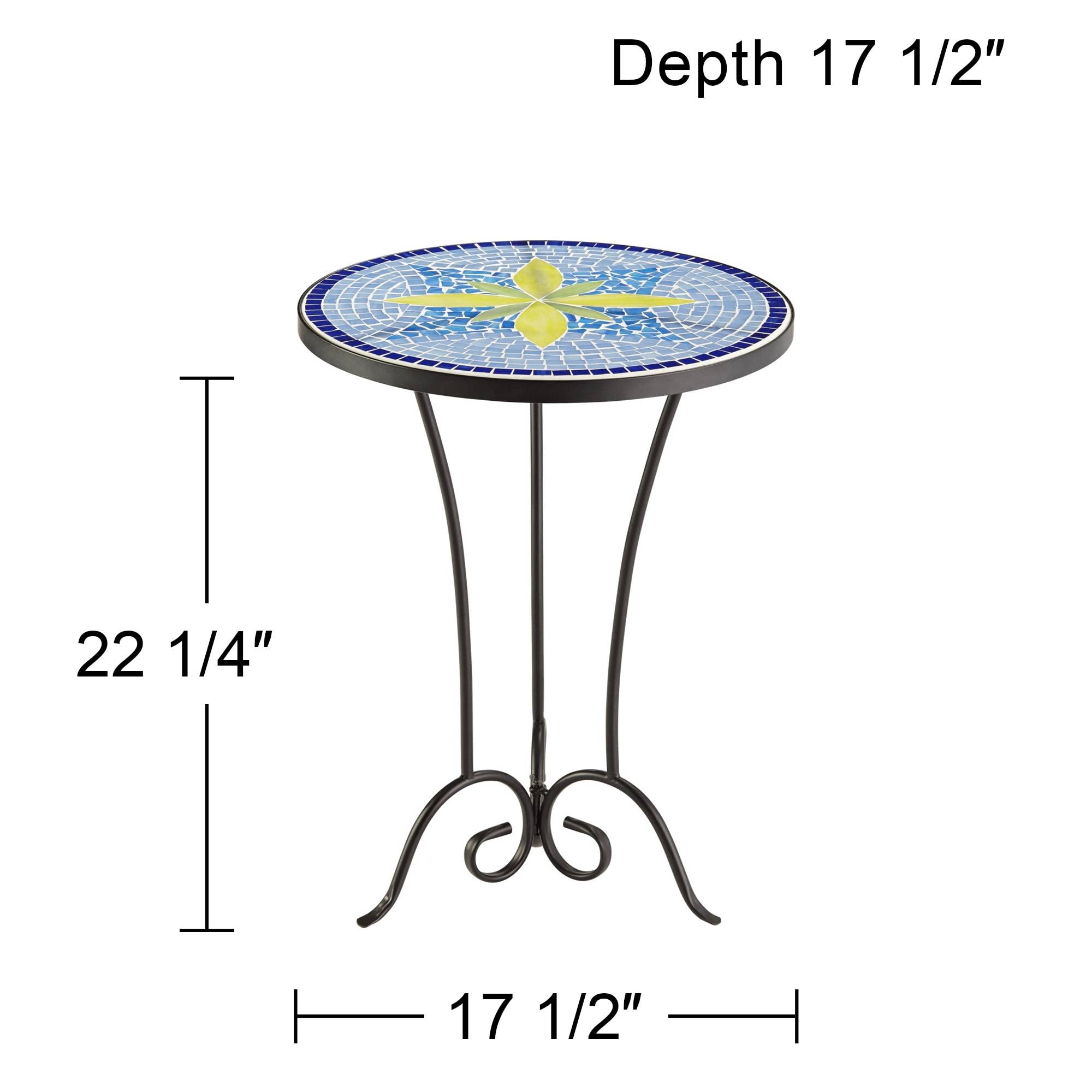 Teal Island Designs Flower Rustic Black Metal Round Outdoor Accent Side Table 17 1/2" Wide Blue Yellow Mosaic Tile Tabletop Gracefully Curved Legs for Spaces Porch Patio Home House Balcony Deck