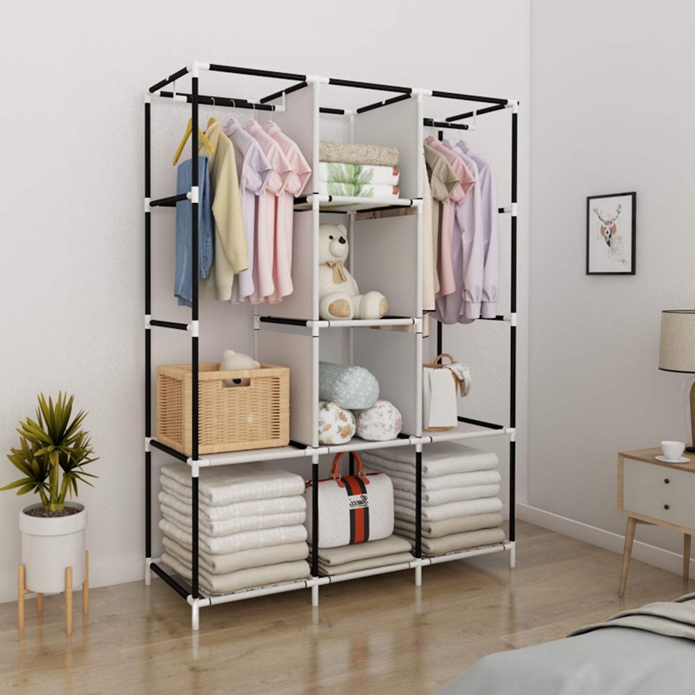 UDEAR Portable Wardrobe Closet Clothes Organizer No-Woven Fabric Cover with 6 Storage Shelves, 2 Hanging Sections and 4 Side Pockets,Grey