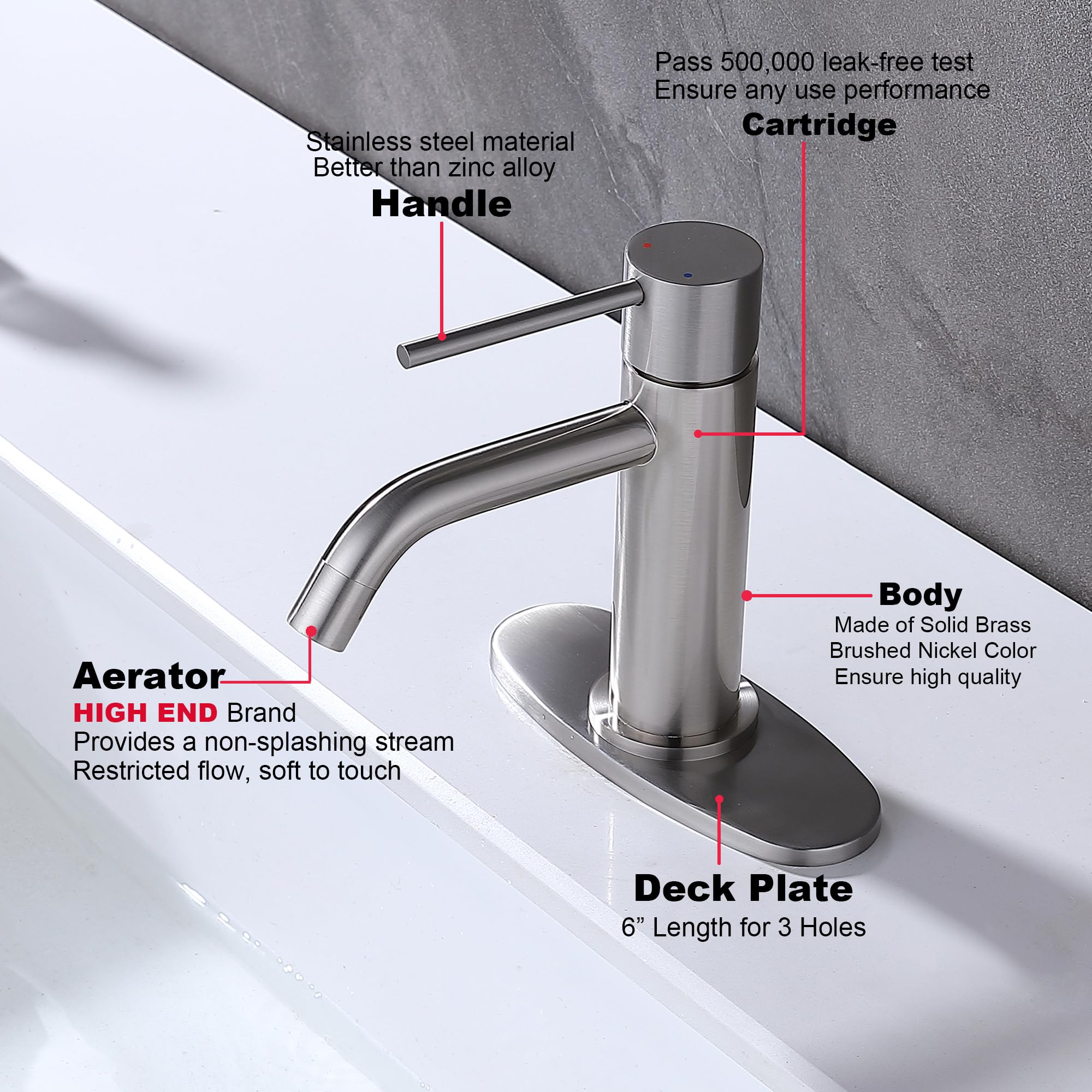 Brushed Nickel Single Hole Bathroom Faucets Single Handle, JXMMP Brushed Bathroom Vanity Sink Faucet with Pop Up Drain Assembly and 6 inch Deck Plate