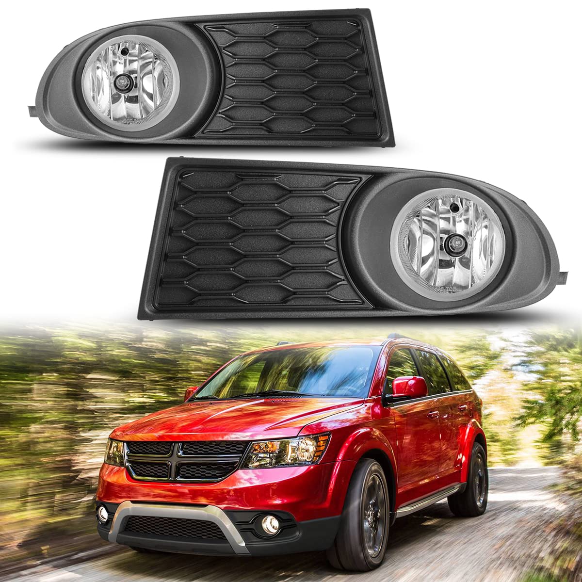 Fog Light Set for 2010-2020 Dodge Journey w / Bulb + Black Bezel Cover, OEM Bumper Driving Fog Light Lamps Assembly w / Wiring Harness Kit & Switch, Fog Lamp Replacement - PS 12V 24W Clear Lens