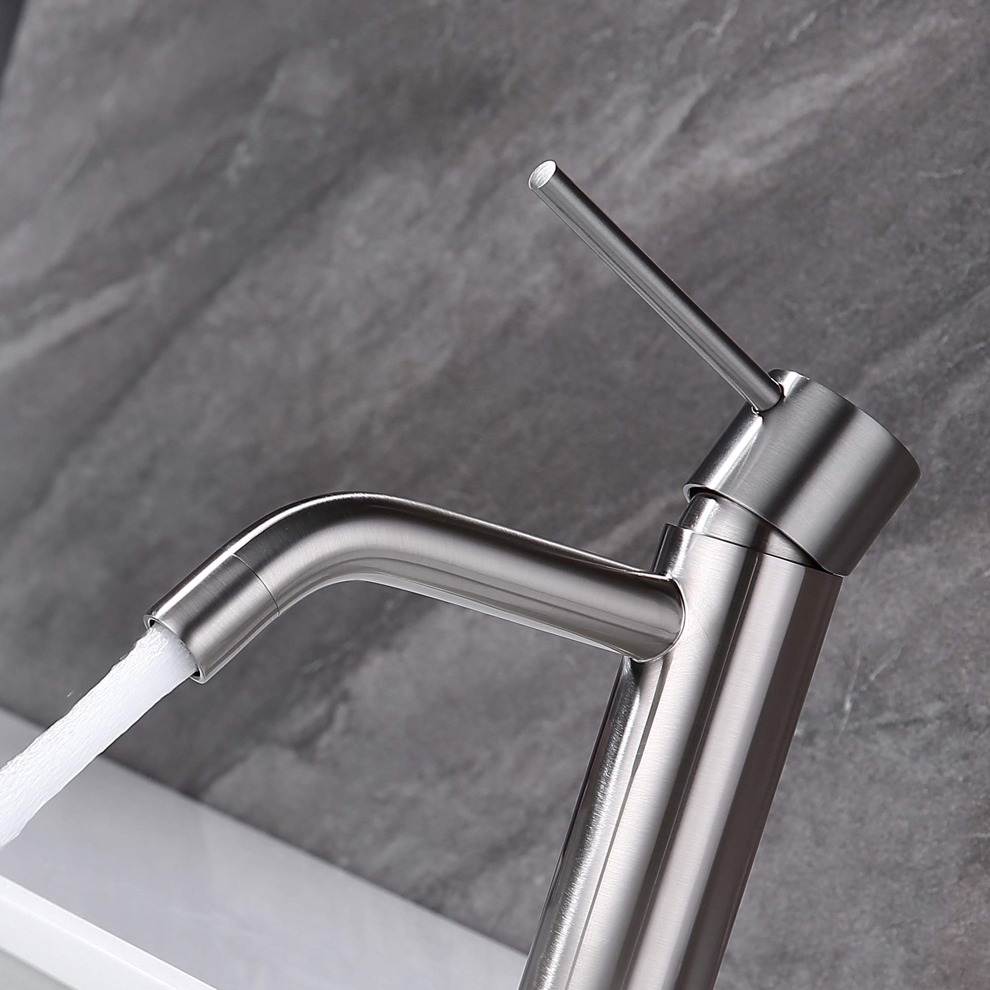 Brushed Nickel Single Hole Bathroom Faucets Single Handle, JXMMP Brushed Bathroom Vanity Sink Faucet with Pop Up Drain Assembly and 6 inch Deck Plate