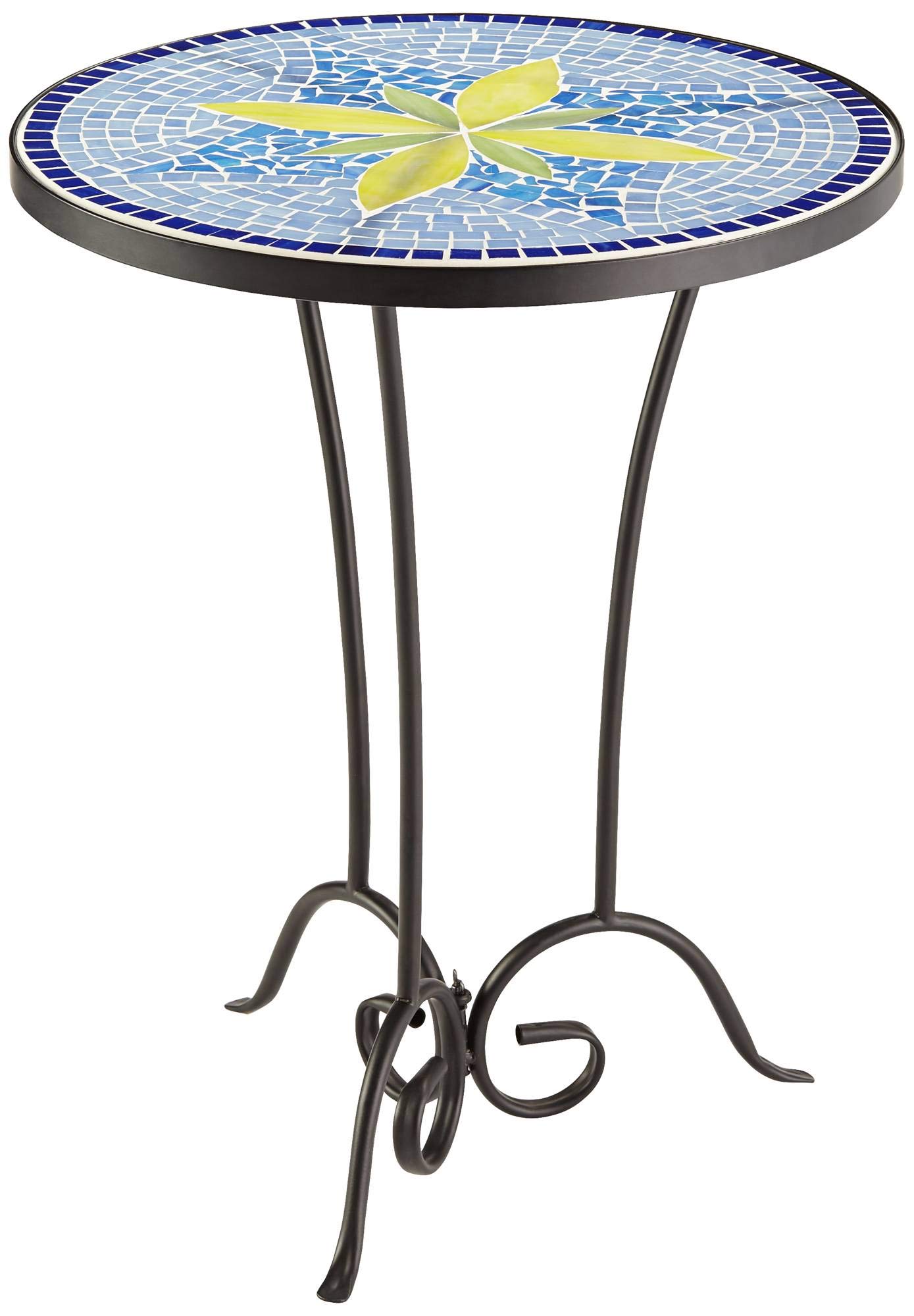 Teal Island Designs Flower Rustic Black Metal Round Outdoor Accent Side Table 17 1/2" Wide Blue Yellow Mosaic Tile Tabletop Gracefully Curved Legs for Spaces Porch Patio Home House Balcony Deck
