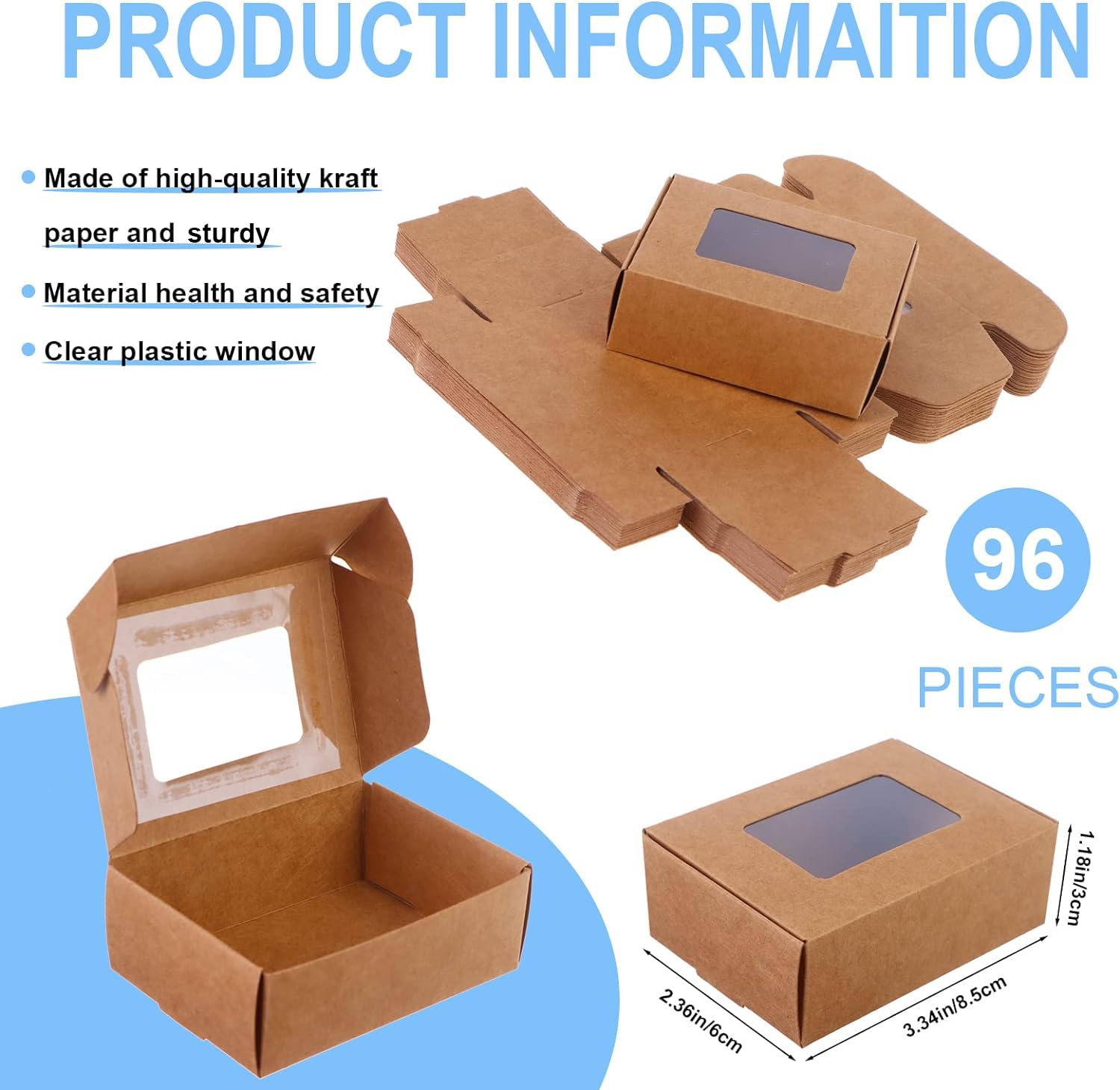 Ywin 96 PCS Mini Kraft Paper Box with Window Soap Boxes Present Box Present Packaging Box Treat Box for Soap Packaging Favor Treat Bakery Candy and Jewelry Display, 3.34 x 2.36 x 1.18 Inch (Brown)