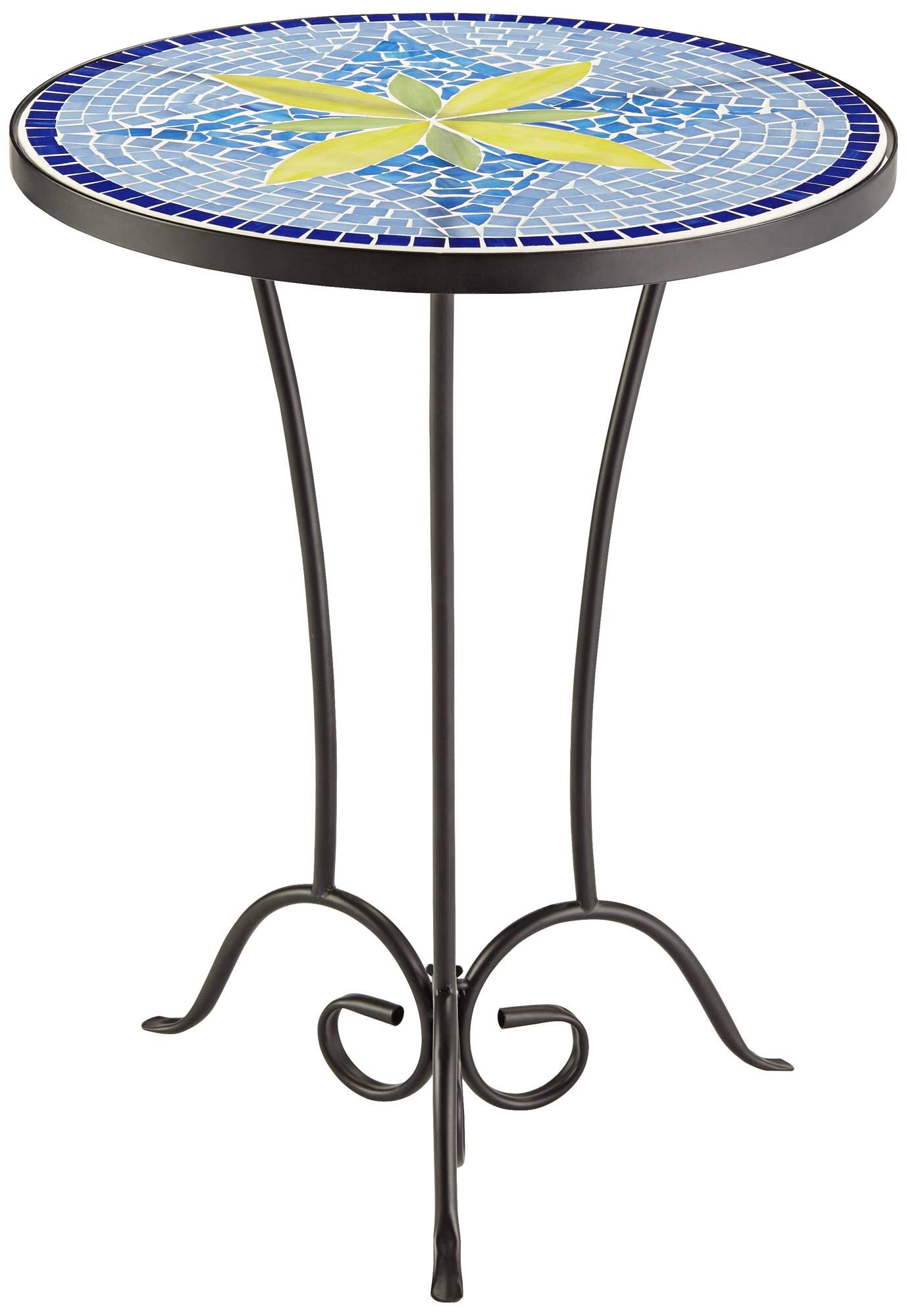 Teal Island Designs Flower Rustic Black Metal Round Outdoor Accent Side Table 17 1/2" Wide Blue Yellow Mosaic Tile Tabletop Gracefully Curved Legs for Spaces Porch Patio Home House Balcony Deck