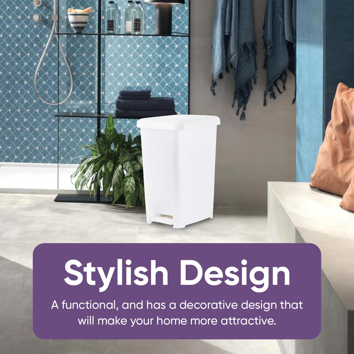 Superio 10.5 Gal Slim Step On Pedal Plastic Trash Can, Waste Bin for Under Desk, Office, Bedroom, Bathroom- 42 Qt White